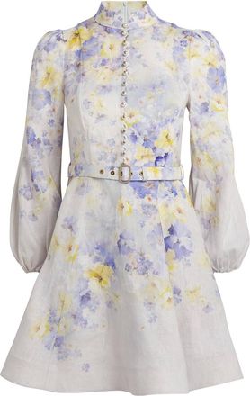 Zimmermann Crush Floral-Print Belted Linen Mini Dress Size XL