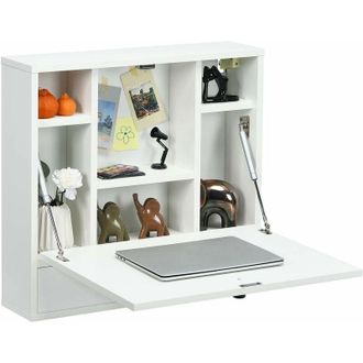 Costway Costway - Bureau mural rabattable pour ordinateur - Plateau pliable en MDF - &Eacute;tag&egrave;res int&eacute;gr&eacute;es et tiroir - Optimis&eacute; pour petits espaces