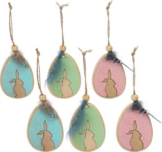 Com-Four 6X Dekoaufhänger, Holz-Osterei mit Osterhase, Holzdeko zum Aufhängen an Pflanzen und Wänden, süße Osterdekoration [Auswahl variiert] (06-teilig - Aufh