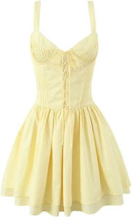 Generic Robe spaghetti sans manches à lacets sur le devant pour femme - Coupe ajustée, jaune, M