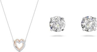 Swarovski Infinity Halskette, Herz, Weiss, Metallmix & Attract Ohrstecker, Rund, Klein, Weiss, Rhodiniert