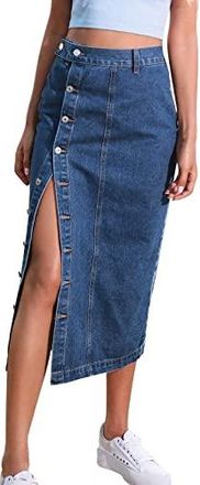 Generic Jupe en jean longue avec fente à lavant avec boutonnière - Jupe longue en jean élégante avec poches - Jupe dété stretch en denim - Jupe midi élastique