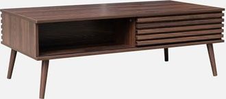 Sweeek Table Basse scandinave avec Portes coulissantes d&eacute;cor Bois Noyer rainur&eacute; et niches de Rangement