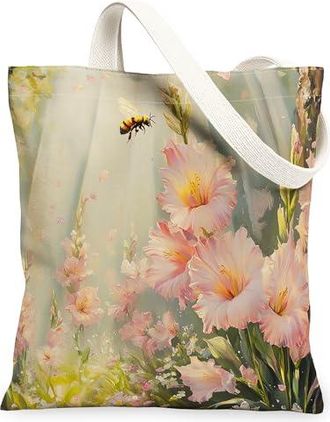 Generic Sac fourre-tout en toile de gla&iuml;eul printanier pour le shopping 33 x 38 cm, motif for&ecirc;ts, fleurs, abeilles, sac d&eacute;picerie r&eacute;utilisable pour femme, pei