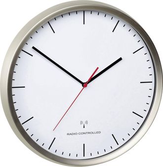 TFA Dostmann Analoge Funk-Wanduhr, 60.3521.02, Rahmen aus Edelstahl, leises Uhrwerk, höchste Genauigkeit, silber, Weiß, L 305 x B 48 x H 305 mm
