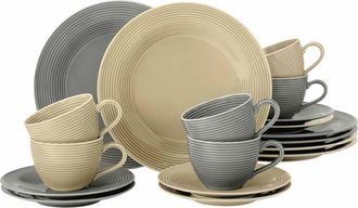 SELTMANN WEIDEN Beat Color Glaze Kaffeeservice 18-teilig - Tassen, Untertassen und Fr&uuml;hst&uuml;cksteller f&uuml;r 6 Personen - Porzellangeschirr mit Rillenrelief - Grau-Beige
