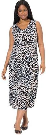 Ulla Popken Femme Grandes Tailles Robe midi sans Manches. Tissu Fluide, imprimé léopard. Décolleté V Noir 54+ 840029100-54+