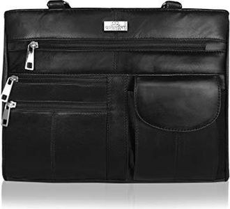 Quenchy London Sac &agrave; Main Femme en Cuir V&eacute;ritable - Avec Bandouli&egrave;re Et 2 Anses - 8 Poches et Compartiments Avec Zip - Taille Moyenne - QL173 Noir