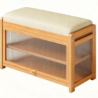 Generic Schuhbank mit Sitzfl&auml;che Landhausstil Bambusrahmen Transparente Acrylt&uuml;ren Sitzkissen Aus Leinen Sitzbank mit Stauraum f&uuml;r Eingangsbereich, Flur, Wohn