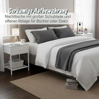 Relaxdays Nachttisch 2er Set, Schublade & Ablage, HBT: 55x40x30 cm, modern, Holzoptik, Metall, Nachtschrank, wei&szlig;