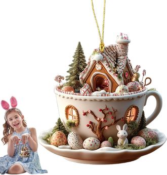 Generic Osterbaumschmuck,Vintage Osterdekoration,Flaches Haus Schokoladentasse Deko-Anhänger - Saisonale Dekoration, Rucksackanhänger, Feiertagspartys, Hängen