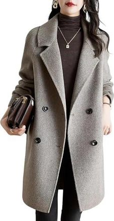 Lazutom Manteau dhiver en laine mélangée à double boutonnage pour femme avec revers cranté et boutons avec poches pour tenues dautomne, gris, XXL