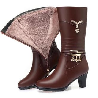 Generic Bottes mi-mollet &agrave; talon &eacute;pais pour femme, fermeture &eacute;clair lat&eacute;rale, strass &eacute;tincelants, doublure en fourrure, bottes de neige &eacute;paisses, marron, 35.5