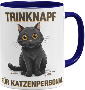 OM3 witzige Kaffee-Tasse mit Spruch - Trinknapf f&uuml;r Katzenpersonal - Katzenliebhaber Katze I - Keramik Becher - 325ml - Beidseitig Bedruckt - Dunkelblau