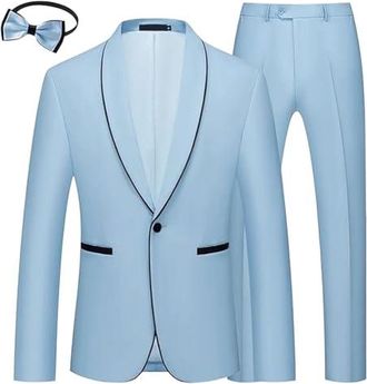 Generic Costume de mariage 2 pièces pour homme, coupe ajustée, châle, revers à un bouton, blazer, veste et pantalon, ensemble de couleurs contrastées, bleu ci