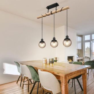 Globo Lighting Suspension, 3 flammes, lampe de table à manger, suspension, salon, verre fumé, métal noir, 3x E27, LxlxH 78x15x120 cm