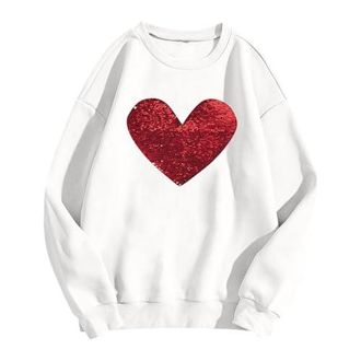Generic Sweat-shirt de Saint-Valentin 2026 pour femmes : jolies chemises de Saint-Valentin avec imprim&eacute; graphique coeur &agrave; manches longues, blanc, XXL