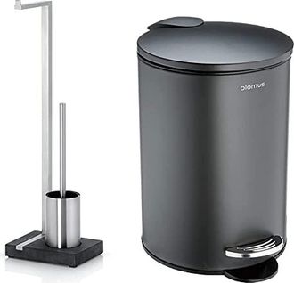 Blomus MENOTO- Stand WC-Garnitur aus mattiertem Edelstahl, Toilettenbutler (63,5 x 15 x 20 cm) & TUBO- Treteimer aus pulverbeschichtetem Stahl, Anthrazit, 3L