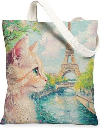 Generic Spring Maine Coons Sac fourre-tout en toile motif chats 33 x 38 cm, tour romantique, sac d&eacute;picerie r&eacute;utilisable pour femme, chaton animal domestique, 