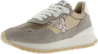 Victoria Basket Basse Viento Nylon Métallisé & Logo Pailleté & Pièces en Croûte De Cuir Assorties & Semelle Crantée 1157102 pour Femme Platino 41