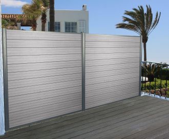 Mendler WPC-Sichtschutz Sarthe-AM, Windschutz Zaun, Alu-Pfosten 2er Set, 3,75m - grau