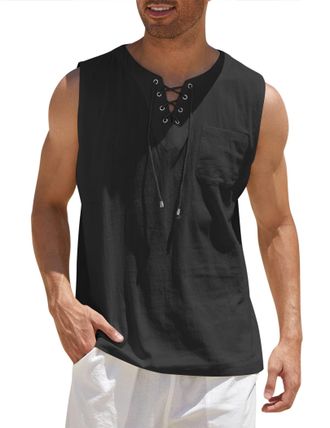 Coofandy Tank Top Herren Baumwolle Ärmelloses Shirt für Männer Sommer Beach Henley Casual Hippie Strand Hemd Oversize Schwarz 4XL