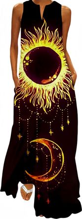 Ocean Plus Damen Muster Maxikleid V-Ausschnitt Kleid mit Stecktaschen und Weitem Rock (XXL, Goldene Sonne und Mond)