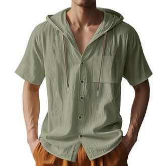 Generic Chemise en lin pour homme, grande et haute, chemise boutonn&eacute;e &agrave; capuche, couleur unie, chemise d&eacute;t&eacute; &eacute;l&eacute;gante, douce et confortable, haut d&eacute;contract&eacute;, 