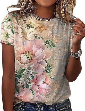 Onsoyours T-Shirt Col Rond Hauts à Manches Courtes pour Femmes Fleur Imprimé Tunique Tops Lâche Chemisier Tee Basiques Sport Haut Été A Rose 03 XXL