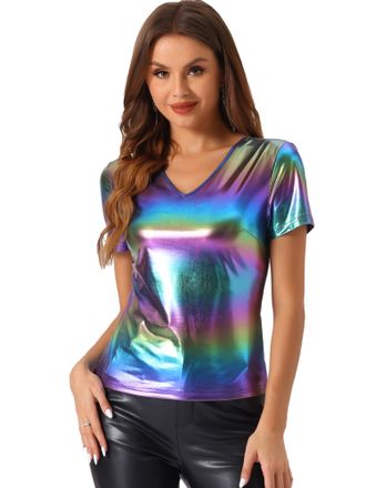 Allegra K Damen Metallic Shirt V-Ausschnitt Party Club Gl&auml;nzend Oberteile Bluse Blau Rosa XS