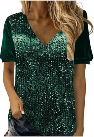 Generic Haut &agrave; paillettes pour femme - Col en V - Tunique &eacute;l&eacute;gante &agrave; manches courtes et col rond - T-shirt ample pour mariage, sortie, bal de fin dann&eacute;e, cock
