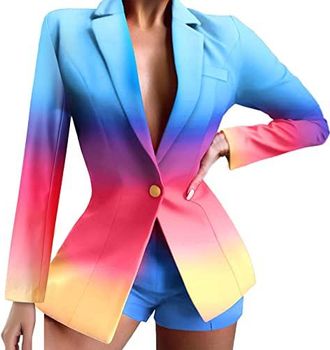 Generic Vestes pour femmes 2026 Manteau imprim&eacute; cardigan costume formel manches longues manteau revers veste daffaires manteaux travail, bleu, XXL