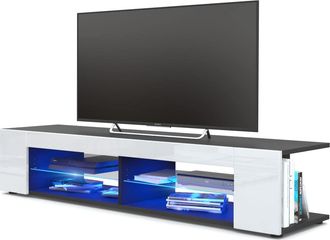 Vladon Lowboard Movie, TV-Kommode mit 4 offenen Fächern und Zierleisten, Schwarz matt/Weiß Hochglanz, inkl. LED-Beleuchtung blau (134 x 29 x 39 cm)