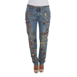 Dolce & Gabbana Femme, Jeans, Bleu, Taille: 32 FR Jeans Orn&eacute;s de Coeurs et de Roses en Cristal