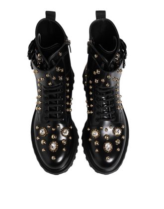 Dolce & Gabbana Mens Black Studded Lace Up Mid Calf Boots Shoes Calfskin Leather