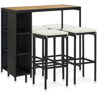 vidaXL Meuble de bar de jardin 5 pcs et coussins R&eacute;sine tress&eacute;e Noir