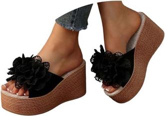 Generic Sandales d&eacute;t&eacute; &agrave; plateforme enfiler talon motif floral respirantes d&eacute;contract&eacute;es chaussures plage femme (Black-B, 38)