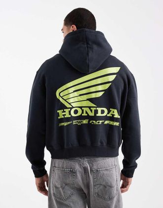 Cotton On Sweat &agrave; capuche court &agrave; motif Honda JT Racing - Noir d&eacute;lav&eacute;