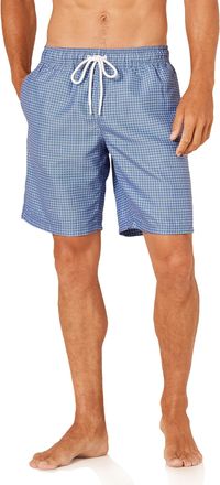 Amazon Essentials Herren 23cm Badehose mit Netzfutter, Taschen und Kordelzugverschluss, Blau Geometrischer Aufdruck, L