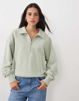 Arket sweat-shirt &agrave; manches longues zipp&eacute; au quart en coton vert