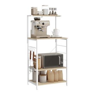 Woltu Étagère Micro Onde, Meuble Cuisine Rangement, à 4 Niveaux, 4 Crochets, 60x40x123cm, Chêne Clair + Blanc