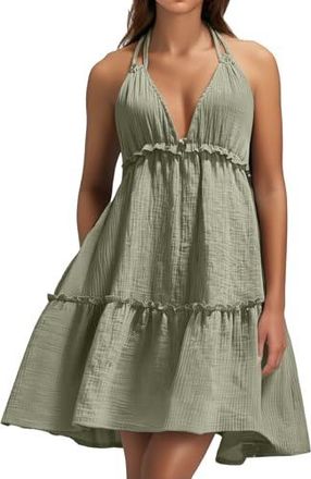 Generic Robe boh&egrave;me 2026 pour femmes, filles et enfants, bretelles spaghetti, robe fluide en lin, joli d&eacute;bardeur &agrave; volants, 6 &agrave; 14 ans, vert militaire, XXL