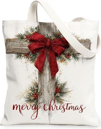 Generic Sacs fourre-tout en toile &agrave; motif floral de No&euml;l, sacs d&eacute;picerie r&eacute;utilisables, vintage l&eacute;gers et lavables avec bandouli&egrave;re, Rouge, 13x15 Inch