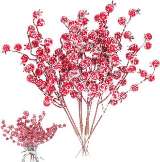 Pretyzoom 10 St&uuml;ck K&uuml;nstliche Beerenst&auml;ngel Schnee Gefrostet Gef&auml;lschte Beerenzweige Kleben Stechpalmenbeeren Blumenarrangement Weihnachtsbaumdekor f&uuml;r Thanksgi