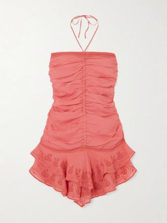Isabel Marant Emanuela Neckholder-minikleid Aus Ramie Mit Raffungen Und Stickereien - Orange