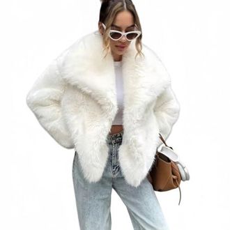 Generic Manteau en fausse fourrure pour femme - Veste en fausse fourrure moelleuse &agrave; manches longues - Veste dhiver en fourrure moelleuse, blanc, XXL