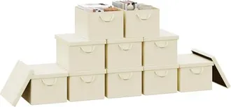 Woltu Lot de 10 Boîtes de Rangement Pliables, Paniers de Rangement en Tissu Non Tissé, avec Poignées et Couvercle, pour Vêtements et Jouets, Crème, 43x33x26