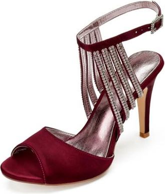 Generic Satin Chaussures De Mariage Sandales À Talons Hauts Femmes Mariée Bout Ouvert Dress Fête Stylet 10.5Cm,Wine Red,37 EU