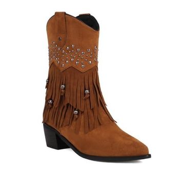 Generic Bottines western cowgirl pour femme avec pampilles clout&eacute;es d&eacute;coratives, larges mollets dhiver, chaussures habill&eacute;es r&eacute;tro pour lhiver, marron, 37.5 E