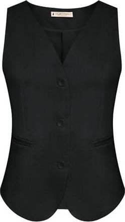 Belle Poque Gilet vintage à col en V boutonné sans manches pour femme avec poches, Noir, S